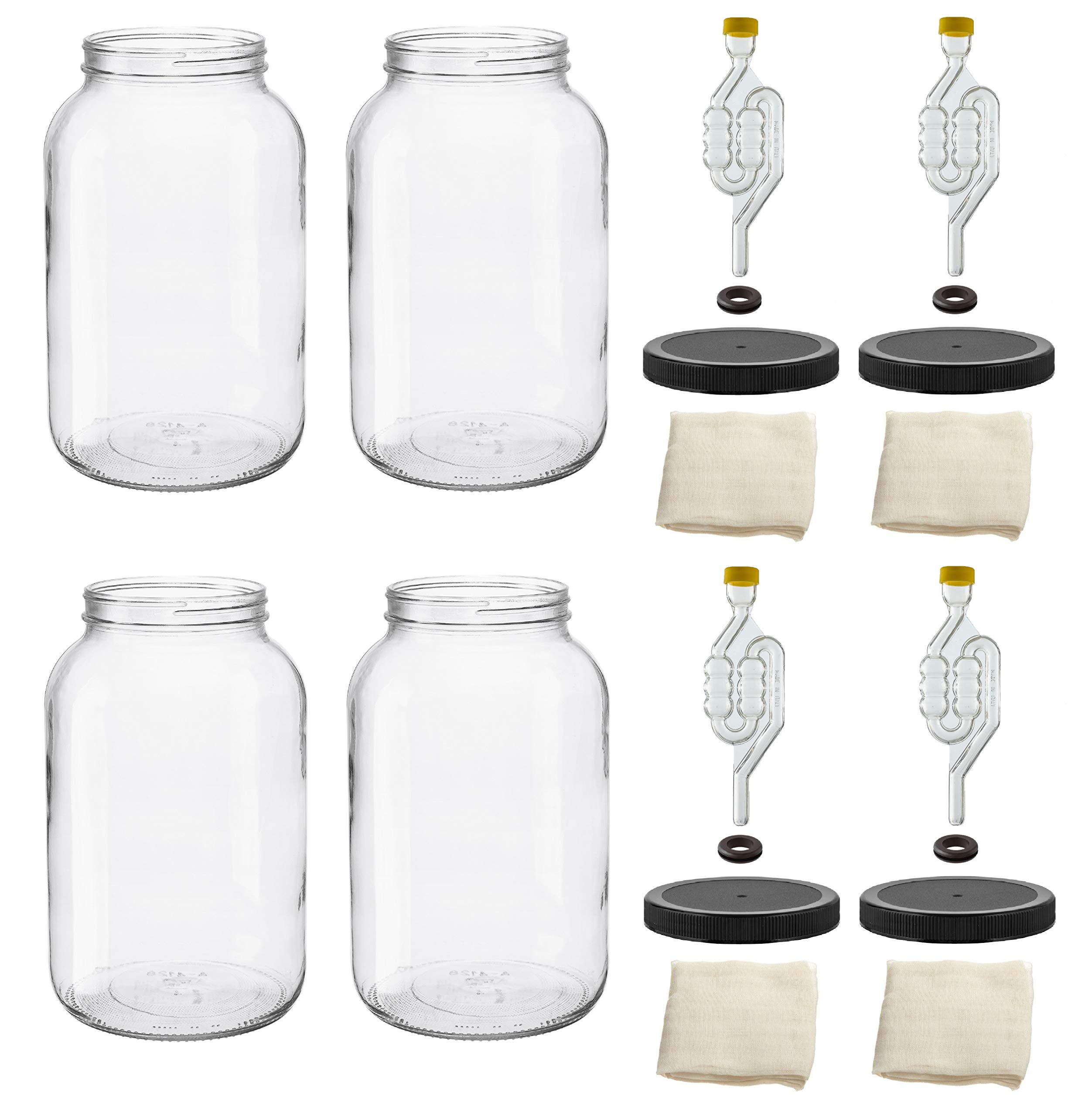 North Mountain Supply 1 Gallon Glass Wide Mouth Jar With Drilled Black Plastic Lid, 6-Bubble, & Cheesecloth - Set of 4 - USDA Approved, BPA-Free, Dishwasher Safe For Fermenting