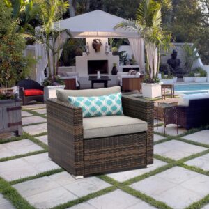 HOMPUS Outdoor Single Chairs All Weather Handwoven Mottlewood Brown Rattan w Warm Grey Cushion w Pillow for Garden, Poolside, Backyard