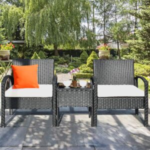 Tangkula 3 Piece Patio Conversation Set, Outdoor Rattan Sofa Set with White Seat Cushions & Coffee Table, Patio Wicker Furniture Set for Garden Balcony Backyard Poolside (Black)