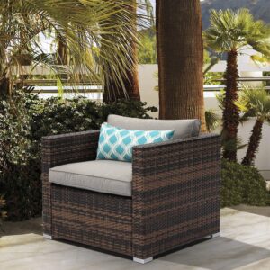 HOMPUS Outdoor Single Chairs All Weather Handwoven Mottlewood Brown Rattan w Warm Grey Cushion w Pillow for Garden, Poolside, Backyard