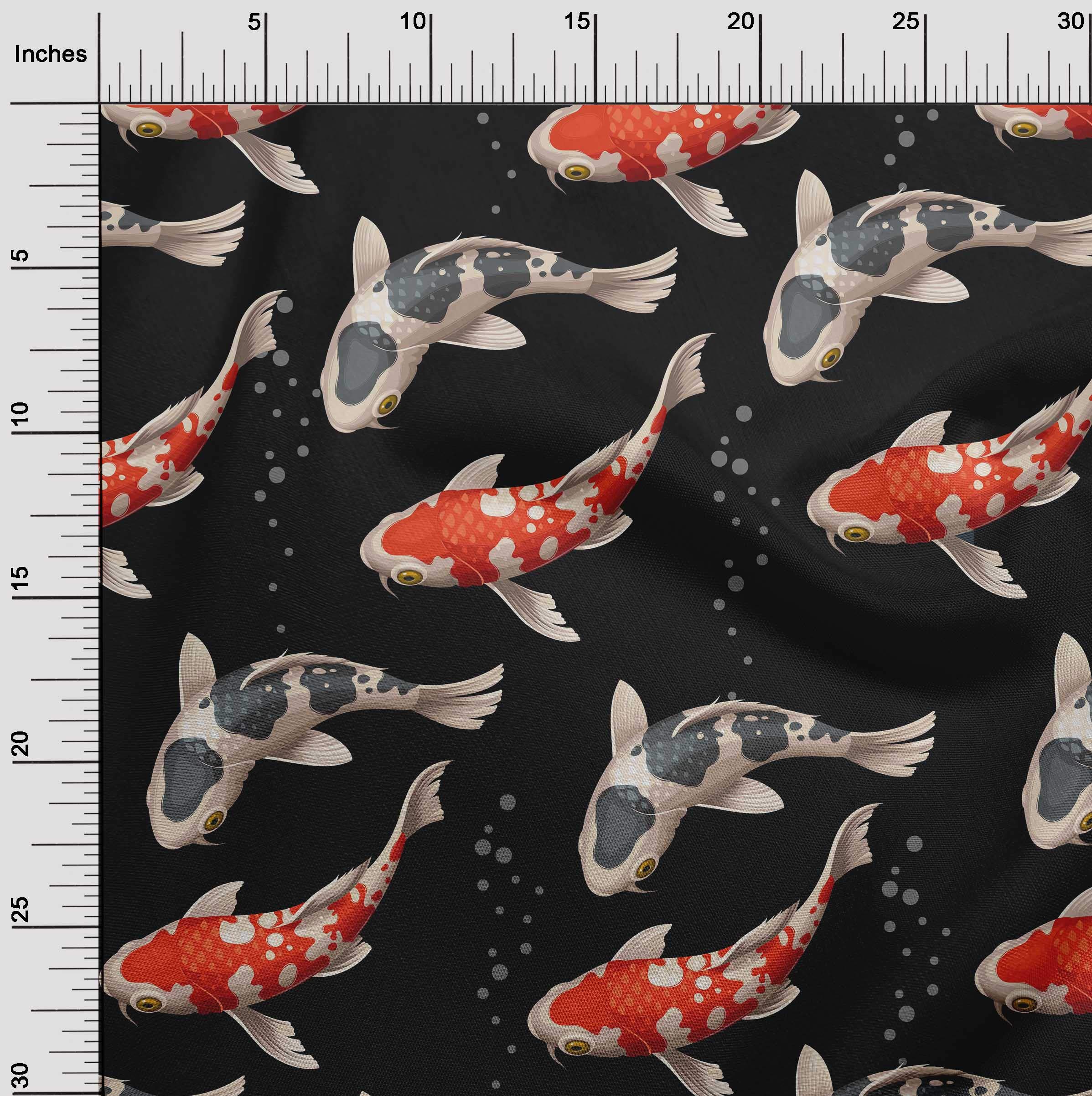 oneOone Cotton Cambric Black Fabric Bubbles & Koi Fish Ocean Sewing Material Print Fabric by The Yard 56 Inch Wide