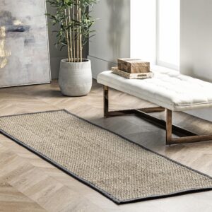 nuloom 2x8 elijah seagrass area rug, dark grey, solid farmhouse style, cotton bordered, basketweave, natural fiber, for bedroom, dining room, living room, hallway, office, kitchen, entryway