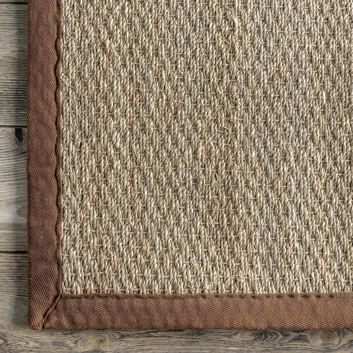 nuLOOM 4 Round Elijah Seagrass Area Rug, Brown, Solid Farmhouse Style, Cotton Bordered, Basketweave, Natural Fiber, For Bedroom, Dining Room, Living Room, Hallway, Office, Kitchen, Entryway