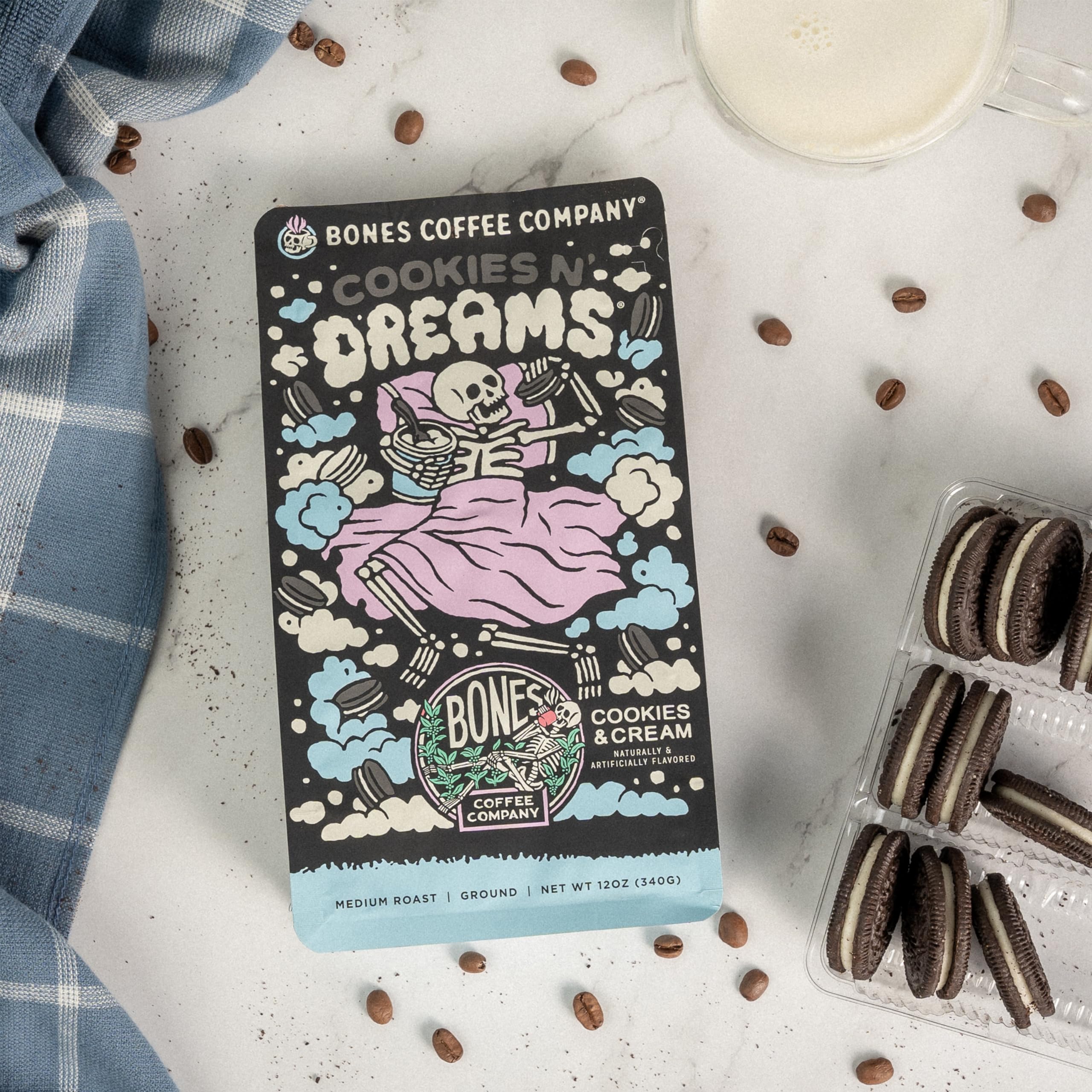 Bones Coffee Company Cookies 'N Dreams Ground Coffee Beans Cookies & Cream Flavor, Low Acid Flavored Coffee, Made with Arabica Coffee Beans, Medium Roast Coffee, Coffee Lover Gift Ideas (12 oz)