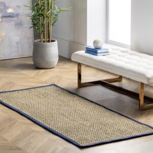 nuloom 2x6 elijah seagrass area rug, navy, solid farmhouse style, cotton bordered, basketweave, natural fiber, for bedroom, dining room, living room, hallway, office, kitchen, entryway