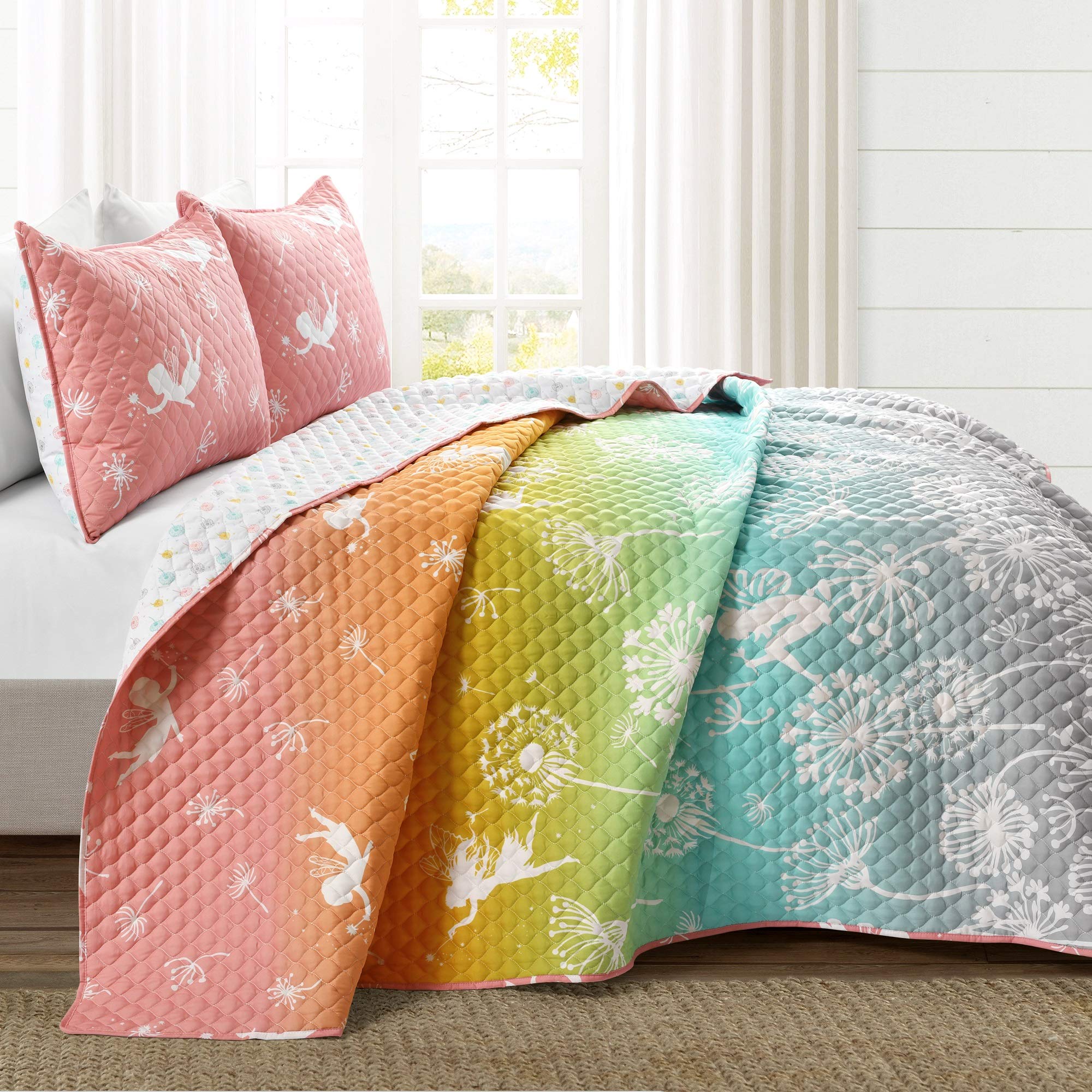 Lush Decor Dandelion Fairy Ombre Quilt, 2 Piece Set, Twin, Pastel Rainbow - Reversible Floral Print Fantasy Kids Bedding Set