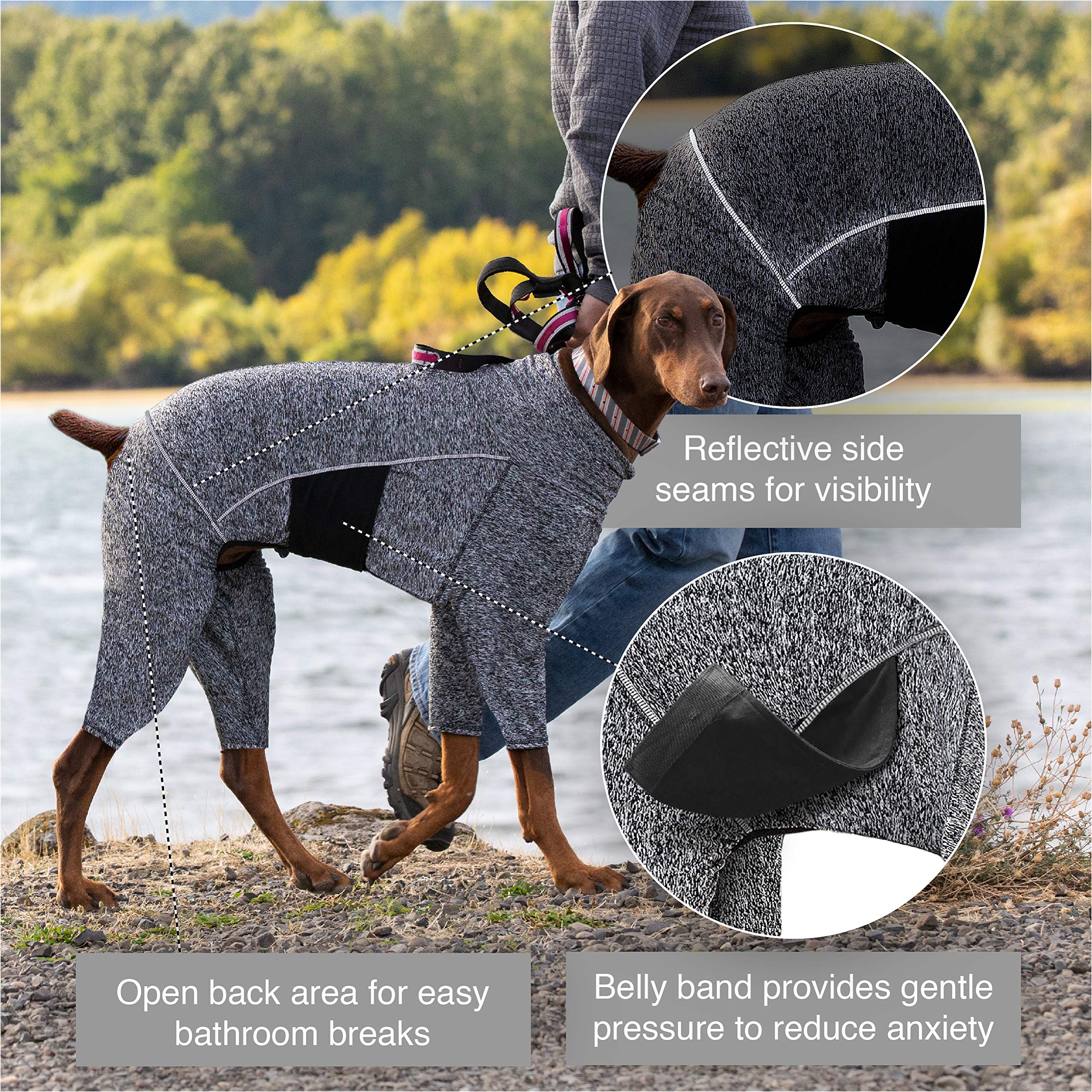 Kurgo Dog Onesie Body Warmer | Bodysuit for Dogs | Recovery Suit | Pet Pajamas | Reduce Anxiety | Contains Shedding | Leash Opening | Reflective | Stowe Base Layer | Heather Black/Grey (Small)