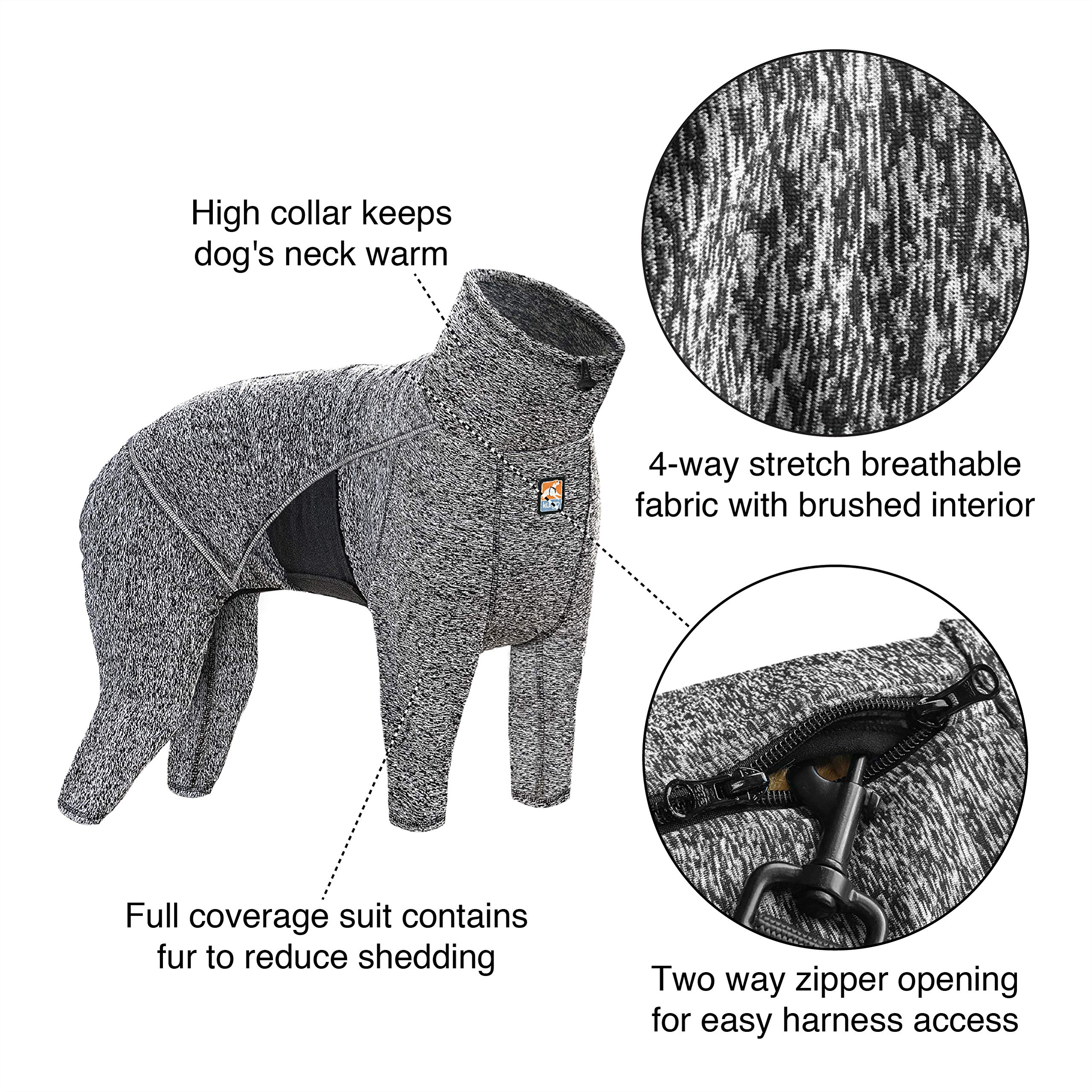 Kurgo Dog Onesie Body Warmer | Bodysuit for Dogs | Recovery Suit | Pet Pajamas | Reduce Anxiety | Contains Shedding | Leash Opening | Reflective | Stowe Base Layer | Heather Black/Grey (Small)