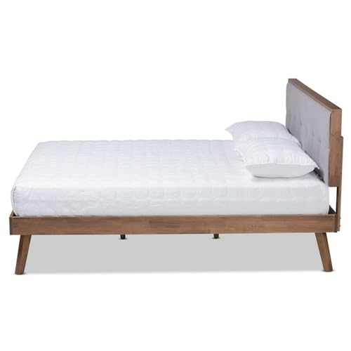 Baxton Studio Alke Mid-Century Modern Light Grey Fabric Upholstered Walnut Brown Finished Wood Full Size Platform Bed