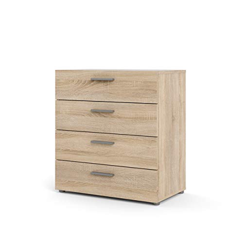 Tvilum Bedrooms, Living Areas, or Entryways, Silver Handles, Steel Brackets at Bottom 4 Drawer Chest, 15,85 in D x 26,81 in H x 31,57 in W, Oak