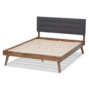 Baxton Studio Devan Mid-Century Modern Dark Grey Fabric Upholstered Walnut Brown Finished Wood King Size Platform Bed