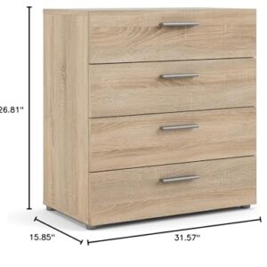 Tvilum Bedrooms, Living Areas, or Entryways, Silver Handles, Steel Brackets at Bottom 4 Drawer Chest, 15,85 in D x 26,81 in H x 31,57 in W, Oak