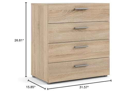 Tvilum Bedrooms, Living Areas, or Entryways, Silver Handles, Steel Brackets at Bottom 4 Drawer Chest, 15,85 in D x 26,81 in H x 31,57 in W, Oak