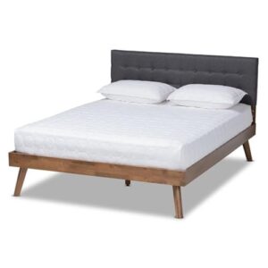 baxton studio devan mid-century modern dark grey fabric upholstered walnut brown finished wood king size platform bed