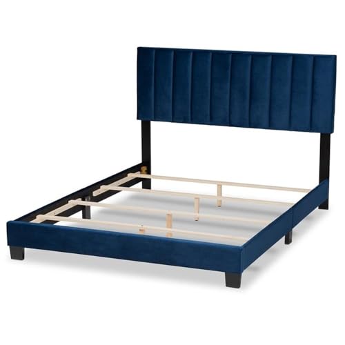 Baxton Studio Clare Queen Size Navy Blue Velvet Panel Bed with Tufted Headboard