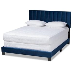 baxton studio clare queen size navy blue velvet panel bed with tufted headboard