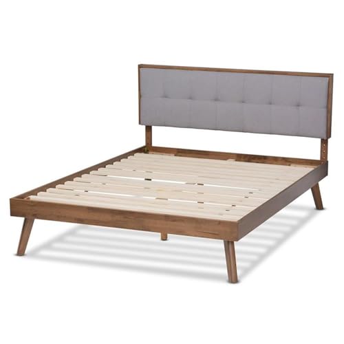 Baxton Studio Alke Mid-Century Modern Light Grey Fabric Upholstered Walnut Brown Finished Wood Full Size Platform Bed