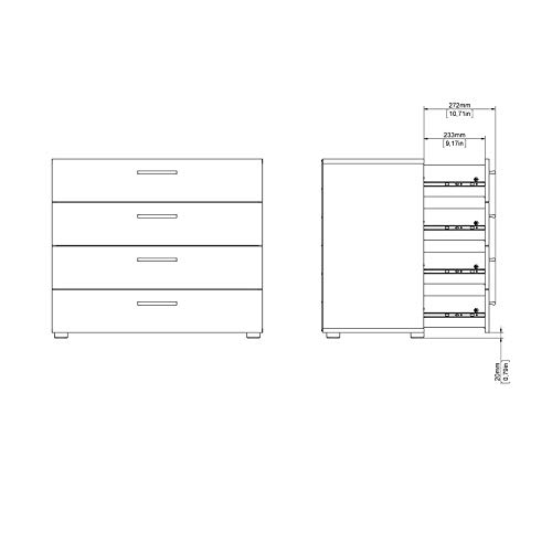 Tvilum Bedrooms, Living Areas, or Entryways, Silver Handles, Steel Brackets at Bottom 4 Drawer Chest, 15,85 in D x 26,81 in H x 31,57 in W, Oak