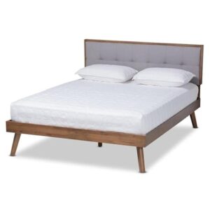 baxton studio alke mid-century modern light grey fabric upholstered walnut brown finished wood full size platform bed