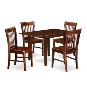 east west furniture ndno5-mah-w 5 piece dining room table set includes a rectangle dining table with dropleaf and 4 wood seat chairs, 30x48 inch, mahogany