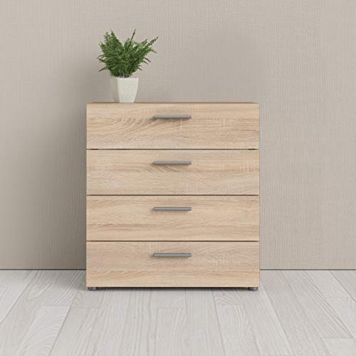 Tvilum Bedrooms, Living Areas, or Entryways, Silver Handles, Steel Brackets at Bottom 4 Drawer Chest, 15,85 in D x 26,81 in H x 31,57 in W, Oak