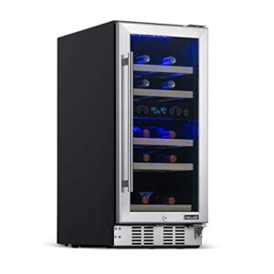 newair 15" wine cooler refrigerator | 29 bottle capacity | fridge built-in or free standing | dual zone wine fridge with removable beech wood shelves in stainless steel nwc029ss01