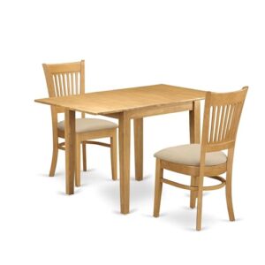 east west furniture ndva3-oak-c 3 piece dining room furniture set contains a rectangle kitchen table with dropleaf and 2 linen fabric upholstered dining chairs, 30x48 inch, oak