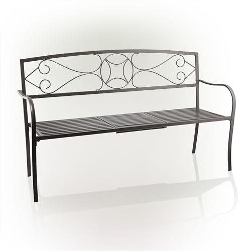 Alpine Corporation Alpine Metal Garden Outdoor Bench with Retractable Table VTFAM114, Black