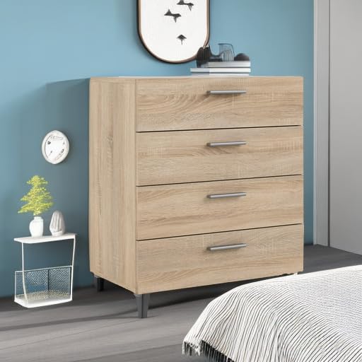 Tvilum Bedrooms, Living Areas, or Entryways, Silver Handles, Steel Brackets at Bottom 4 Drawer Chest, 15,85 in D x 26,81 in H x 31,57 in W, Oak