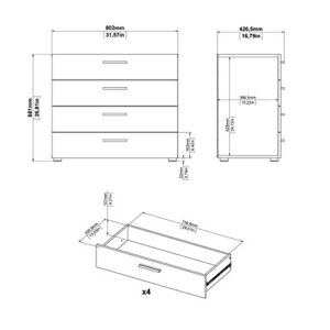 Tvilum Bedrooms, Living Areas, or Entryways, Silver Handles, Steel Brackets at Bottom 4 Drawer Chest, 15,85 in D x 26,81 in H x 31,57 in W, Oak