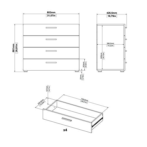 Tvilum Bedrooms, Living Areas, or Entryways, Silver Handles, Steel Brackets at Bottom 4 Drawer Chest, 15,85 in D x 26,81 in H x 31,57 in W, Oak