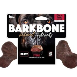 Pet Qwerks Dinosaur BarkBone - Nylon Dog Bone for Aggressive Chewers - Steak Flavor - 11"