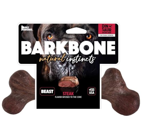 Pet Qwerks Dinosaur BarkBone - Nylon Dog Bone for Aggressive Chewers - Steak Flavor - 11"