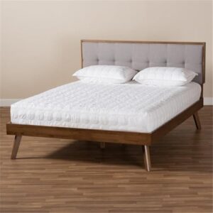 Baxton Studio Alke Mid-Century Modern Light Grey Fabric Upholstered Walnut Brown Finished Wood Full Size Platform Bed