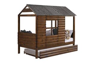 donco kids twin log cabin low loft w/twin trundle, rustic walnut, double