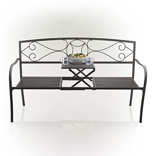 Alpine Corporation Alpine Metal Garden Outdoor Bench with Retractable Table VTFAM114, Black