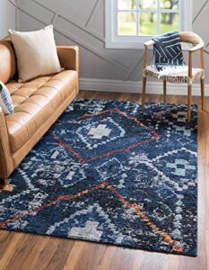 unique loom morocco collection tribal, southwestern, bohemian area rug, 4' 0" x 6' 0", navy blue/gray