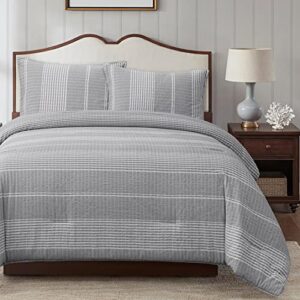 HiEnd Accents Lane 3 Piece Duvet Cover Set with Pillow Shams, Gray and White Stripe Seersucker Pattern, Super Queen Size, Modern Casual Traditional Style Luxury Bedding Set, 1 Duvet and 2 Pillowcases