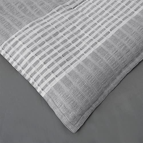 HiEnd Accents Lane 3 Piece Duvet Cover Set with Pillow Shams, Gray and White Stripe Seersucker Pattern, Super Queen Size, Modern Casual Traditional Style Luxury Bedding Set, 1 Duvet and 2 Pillowcases