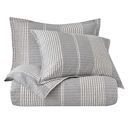 HiEnd Accents Lane 3 Piece Duvet Cover Set with Pillow Shams, Gray and White Stripe Seersucker Pattern, Super Queen Size, Modern Casual Traditional Style Luxury Bedding Set, 1 Duvet and 2 Pillowcases