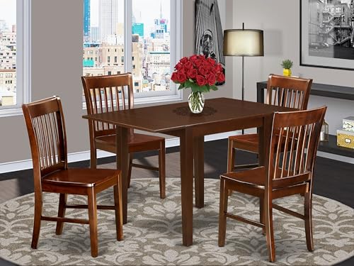 East West Furniture NDNO5-MAH-W 5 Piece Dining Room Table Set Includes a Rectangle Dining Table with Dropleaf and 4 Wood Seat Chairs, 30x48 Inch, Mahogany