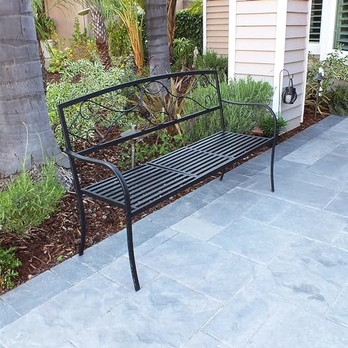 Alpine Corporation Alpine Metal Garden Outdoor Bench with Retractable Table VTFAM114, Black