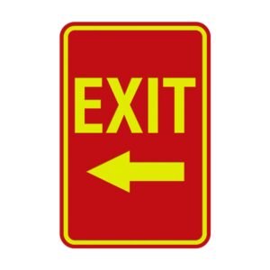 signs bylita portrait round exit left arrow sign with adhesive tape, mounts on any surface, weather resistant, indoor/outdoor use (red/yellow) - small