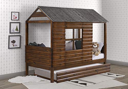 Donco Kids Twin Log Cabin Low Loft w/Twin Trundle, Rustic Walnut, Double