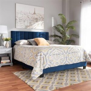 Baxton Studio Clare Queen Size Navy Blue Velvet Panel Bed with Tufted Headboard