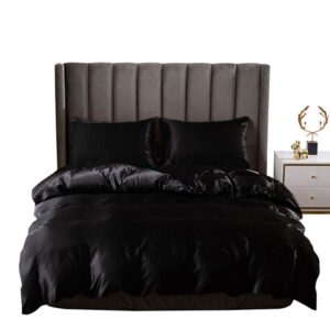 black silk comforter cover set full size silk like satin duvet cover set solid color decor soft microfiber women bedding sets with zipper ties soft luxury duvet cover set for adult women men girls