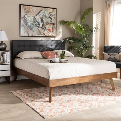 Baxton Studio Devan Mid-Century Modern Dark Grey Fabric Upholstered Walnut Brown Finished Wood King Size Platform Bed