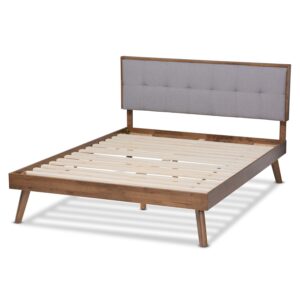 Baxton Studio Alke Mid-Century Modern Light Grey Fabric Upholstered Walnut Brown Finished Wood Queen Size Platform Bed