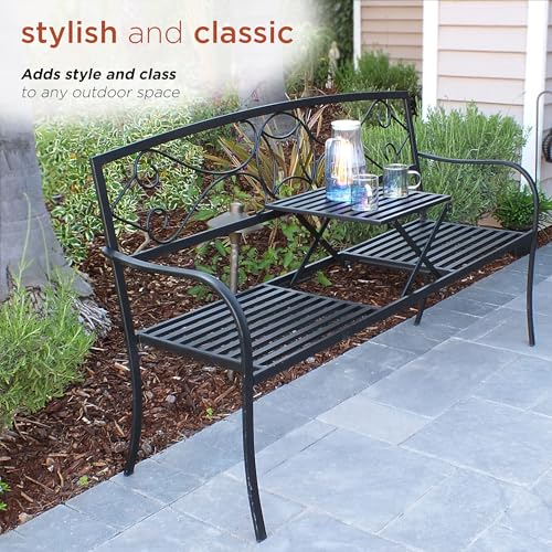 Alpine Corporation Alpine Metal Garden Outdoor Bench with Retractable Table VTFAM114, Black