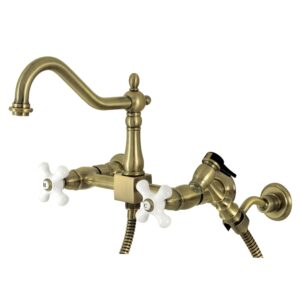 kingston brass ks1243pxbs heritage wall mount bridge kitchen faucet with brass sprayer, polished chrome